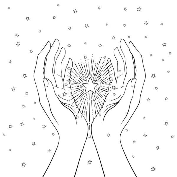 Female hands open around magic star. New World Order. Hand-drawn ...