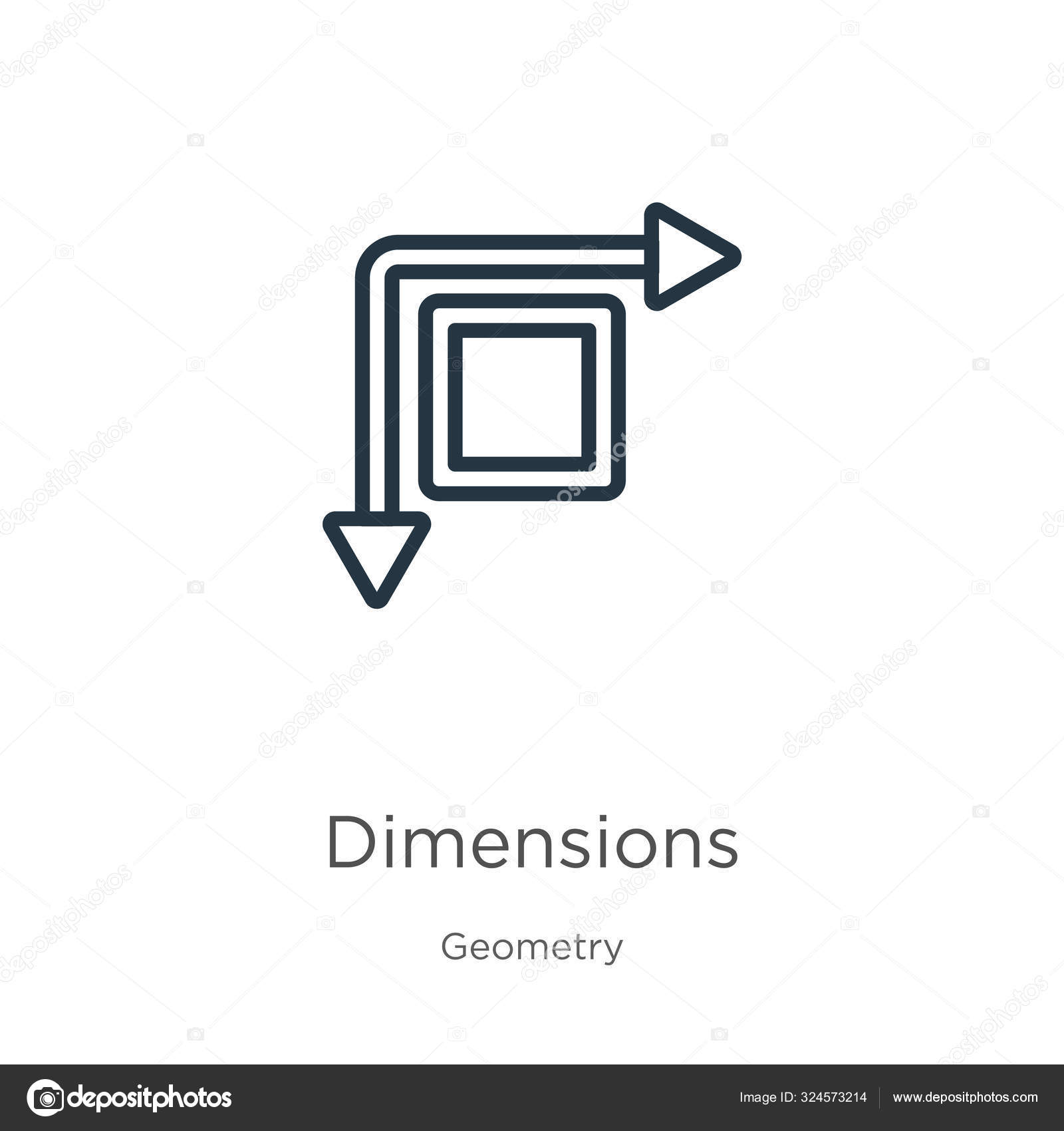 Dimensions icon. Thin linear dimensions outline icon isolated on white ...