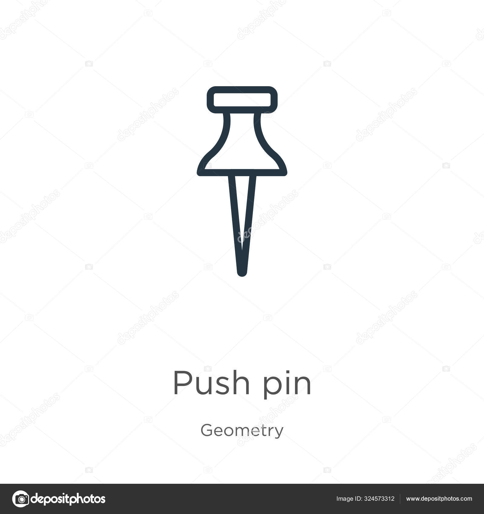 Push pin icon. Thin linear push pin outline icon isolated on white ...