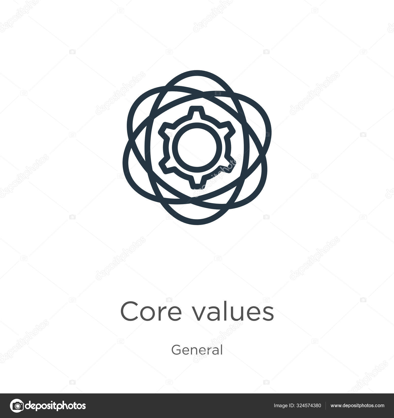 Core values icon. Thin linear core values outline icon isolated on white background from general ...
