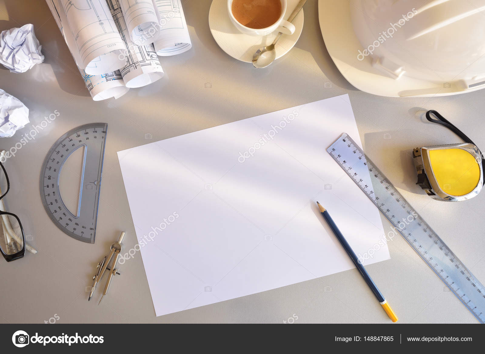 Working table of construction engineer with new project top Stock Photo ...
