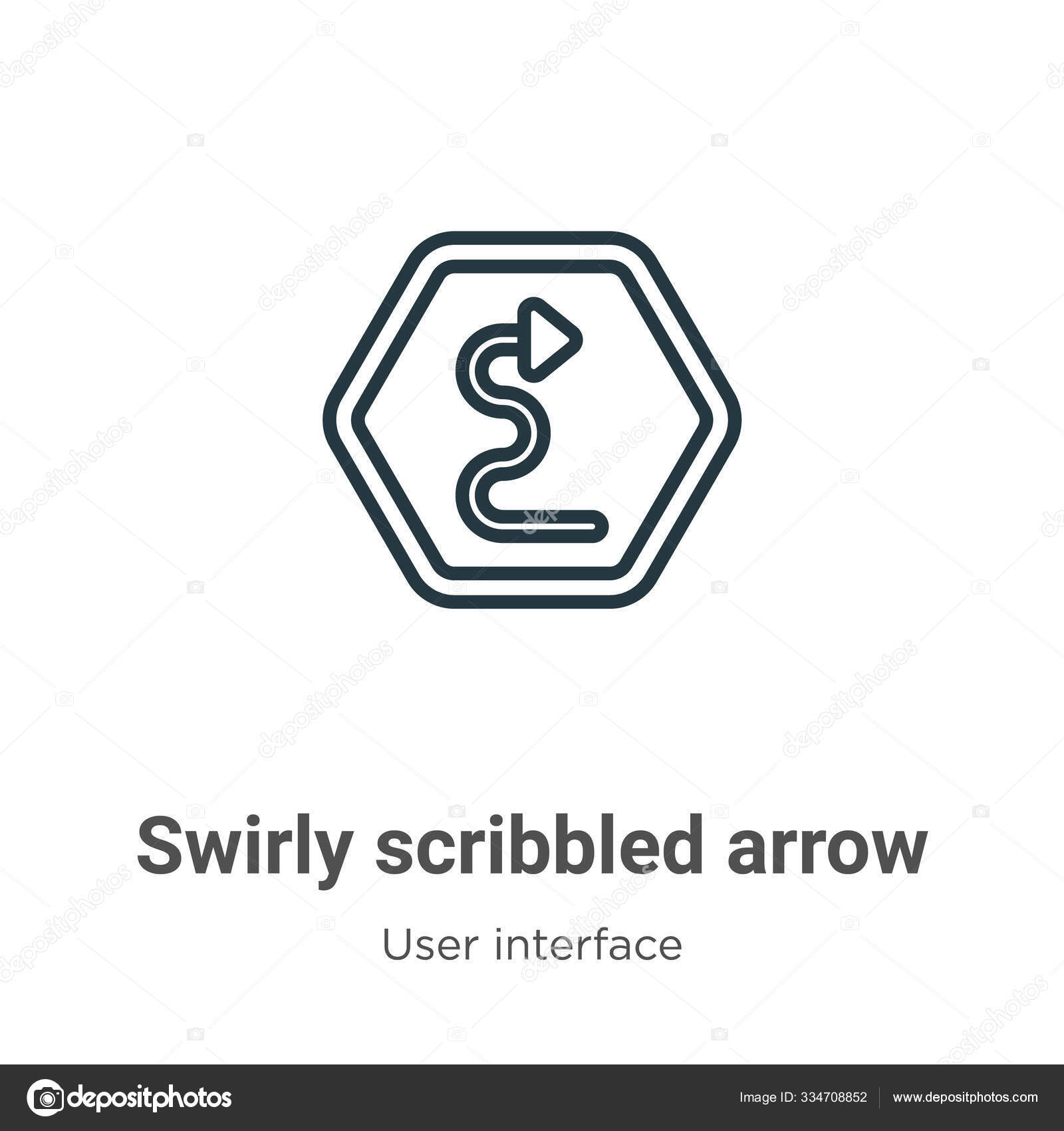 Swirly scribbled arrow outline vector icon. Thin line black swirly ...