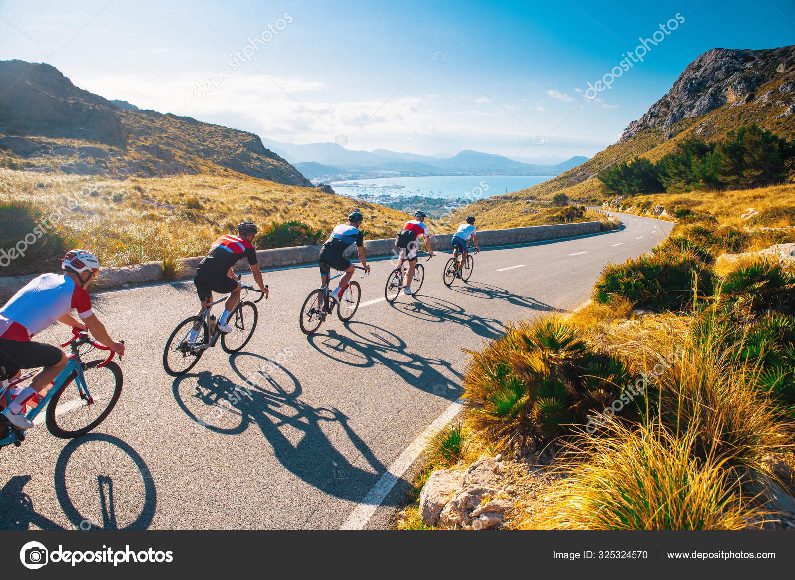 Group of cyclist ride together on road bicycles in beautiful nature ...