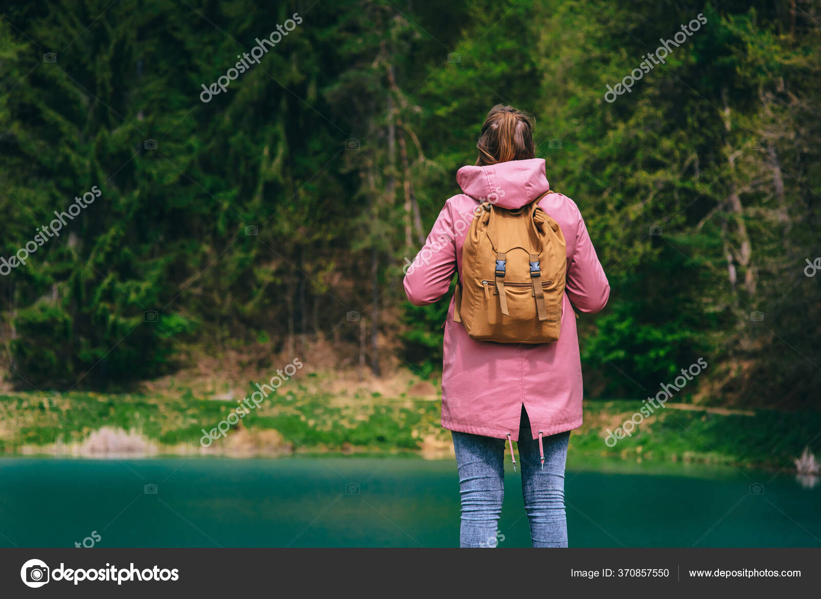 Back Photo Young Female Adventure Tourist Who Resting Spring Green ...