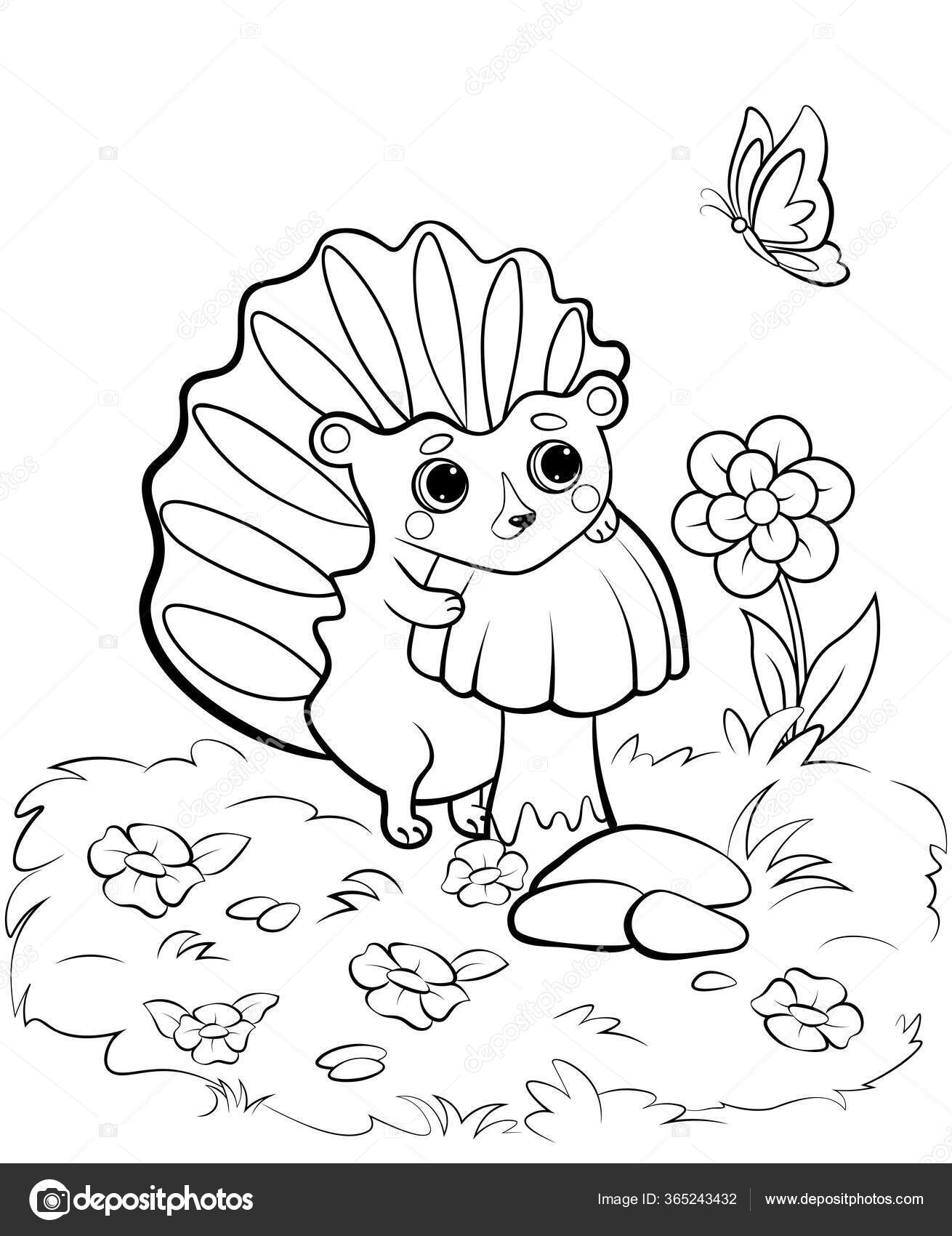 Halaman Mewarnai Garis Besar Kartun Lucu Landak Dengan Jamur Citra ...