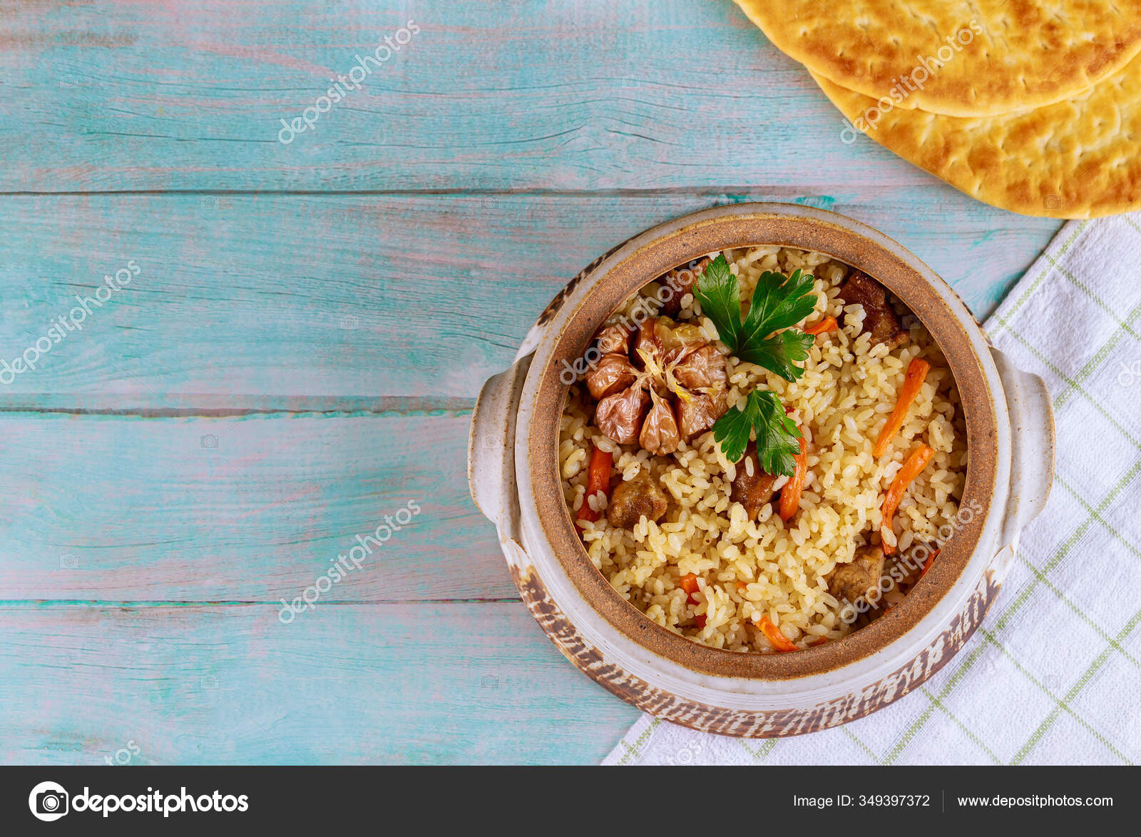 Arabic Rice Vegetable Beef Blue Plate Wooden Background Stock Photo by ...