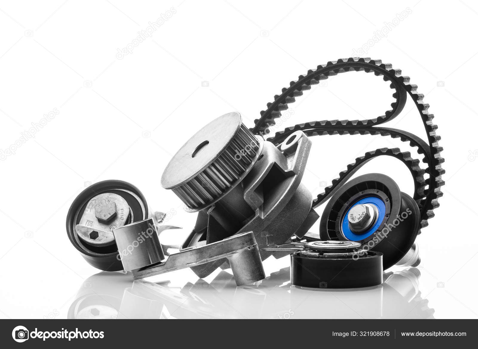 Kit of timing belt with rollers on a white background ⬇ Stock Photo ...