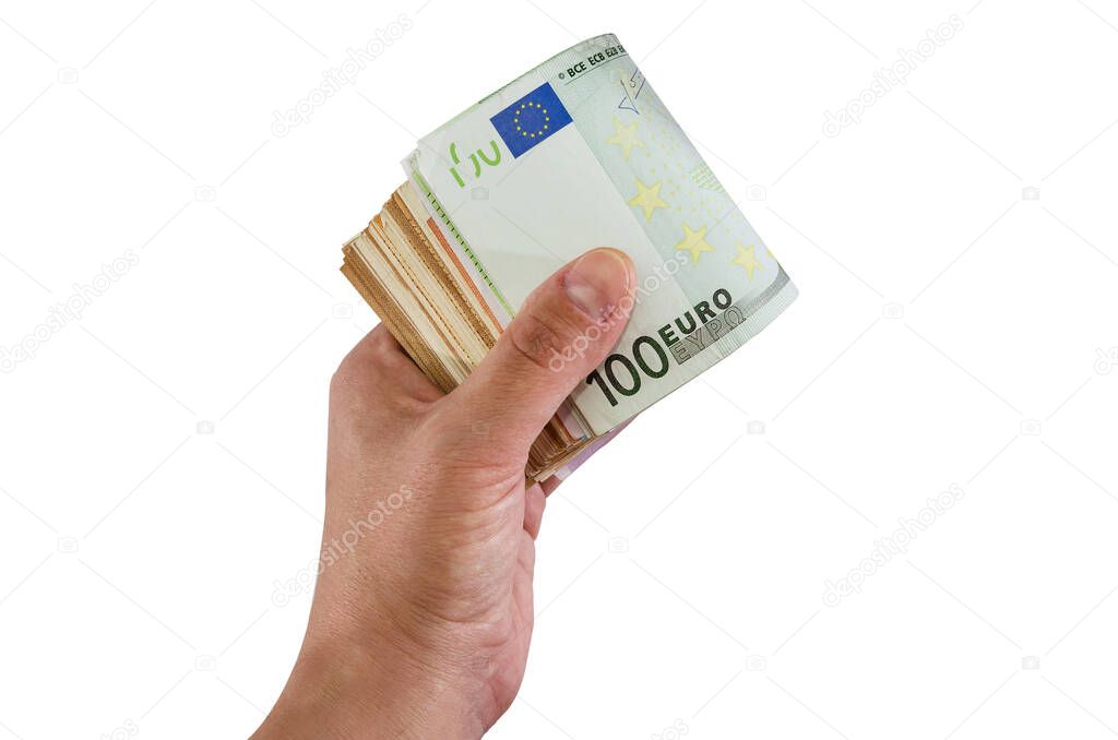muchos euros diferentes en mano enrollados aislados sobre un fondo ...