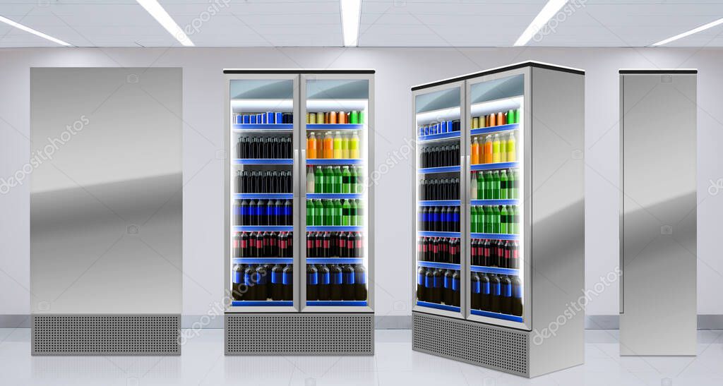 Bebidas gaseosas y refrescos en nevera vertical en el supermercado. Con ...
