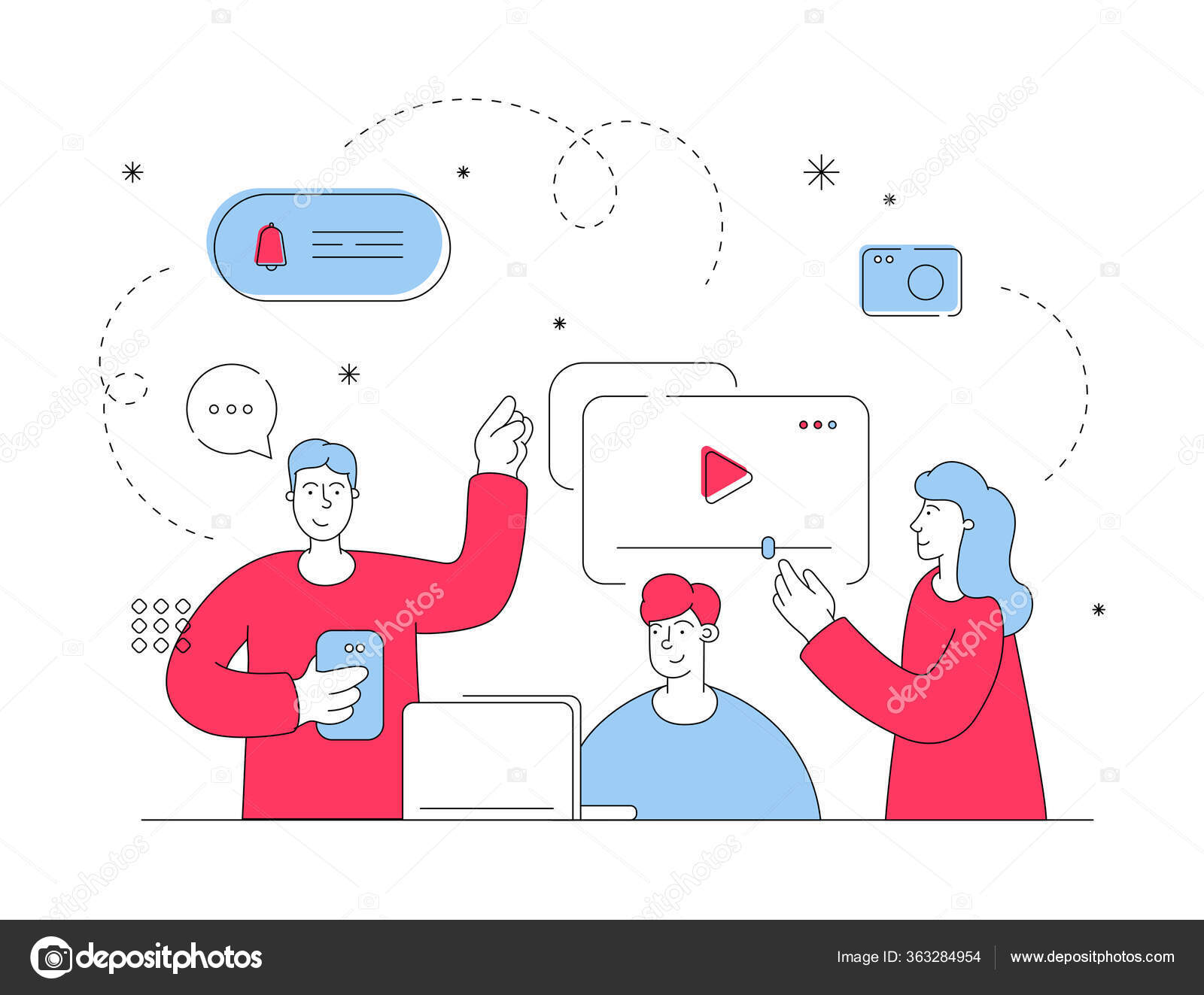 Friends watching videos and leaving comments online. Flat line vector ...