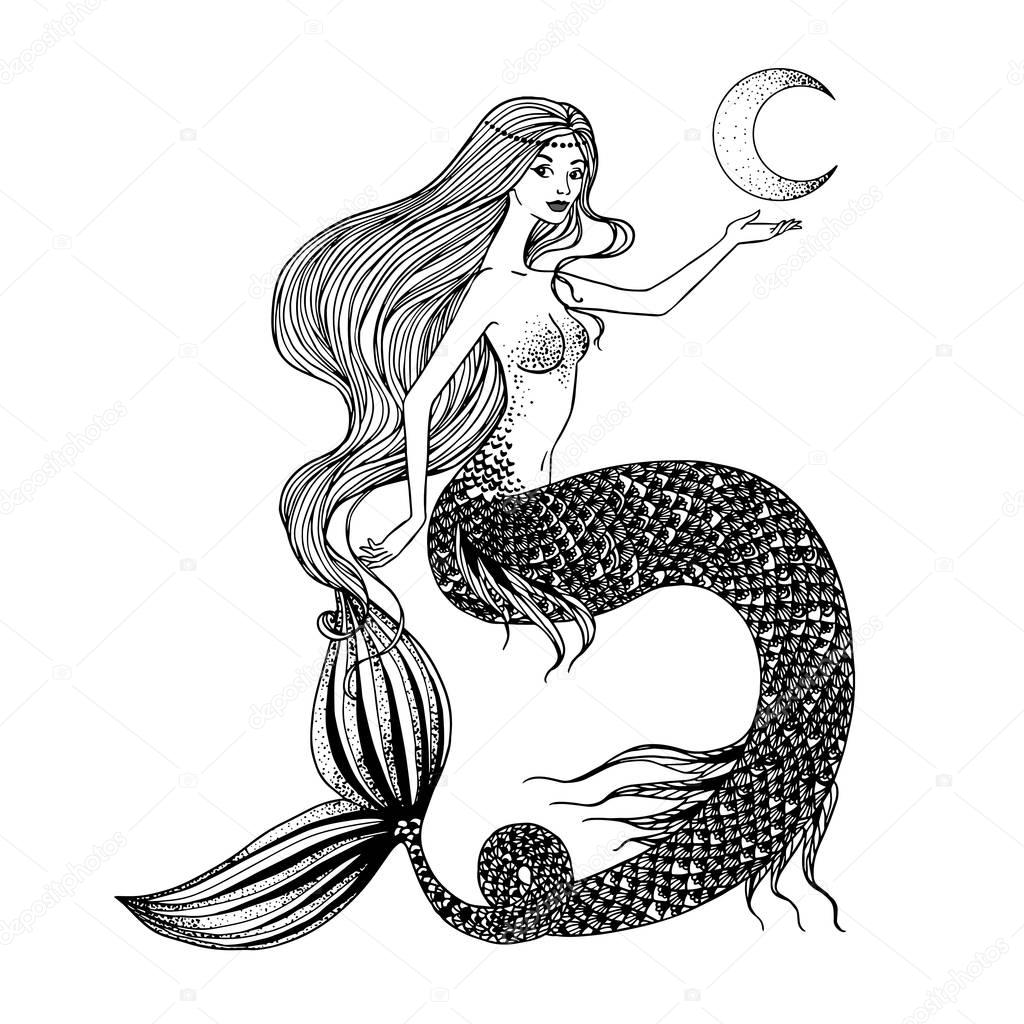 Beautiful mermaid with moon in her hand — Stock Vector © mazeina #129937794