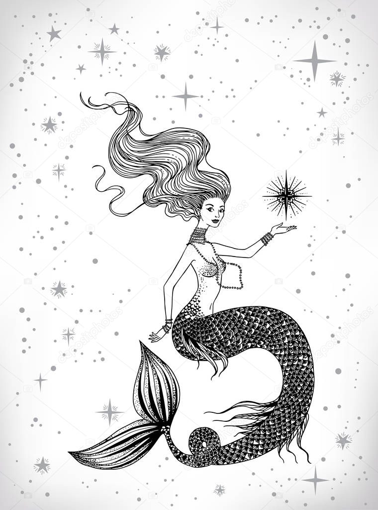 Beautiful mermaid with star in her hand — Stock Vector © mazeina #129938634