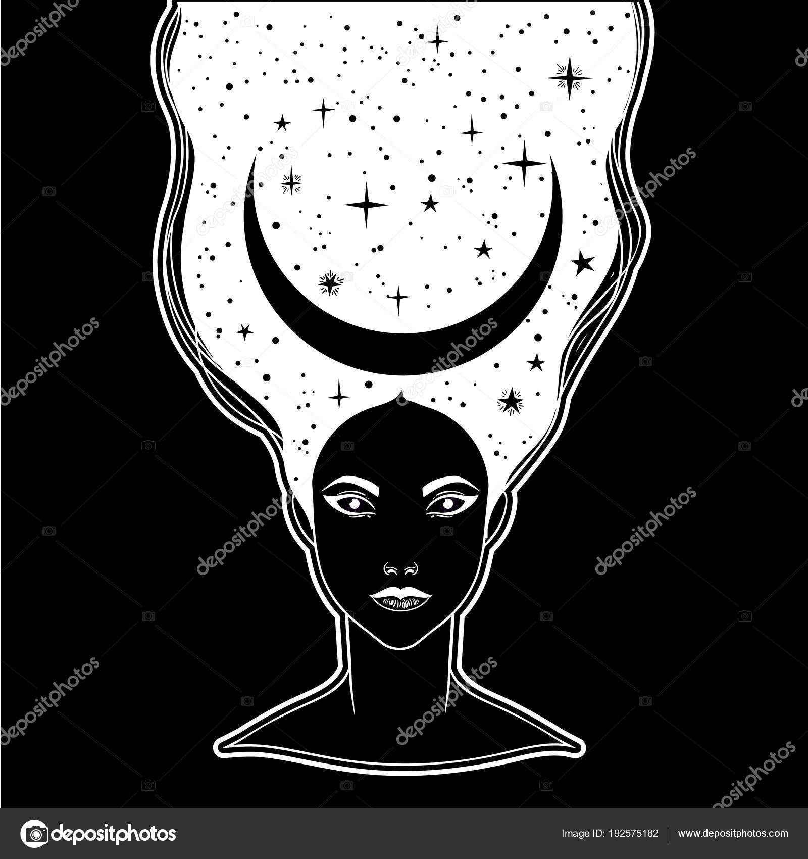 Beautiful Girl Moon Crown Female Portrait Night Goddess Isolated Vector ...