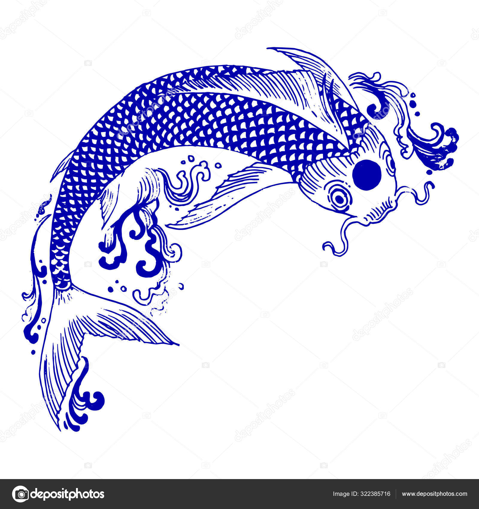 Beautiful Vintage Ink Chinese Koi Fish Chinoiserie Style Fabric ...