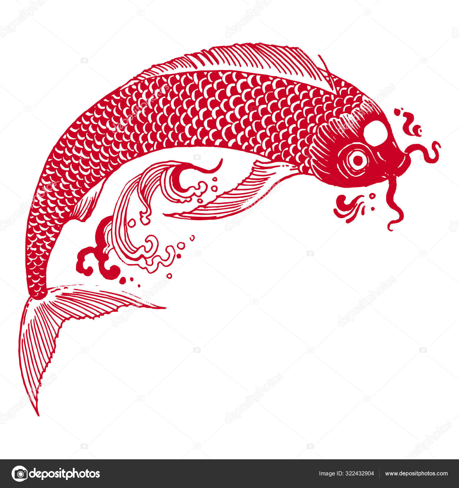 Beautiful Vintage Ink Chinese Koi Fish Chinoiserie Style Fabric ...