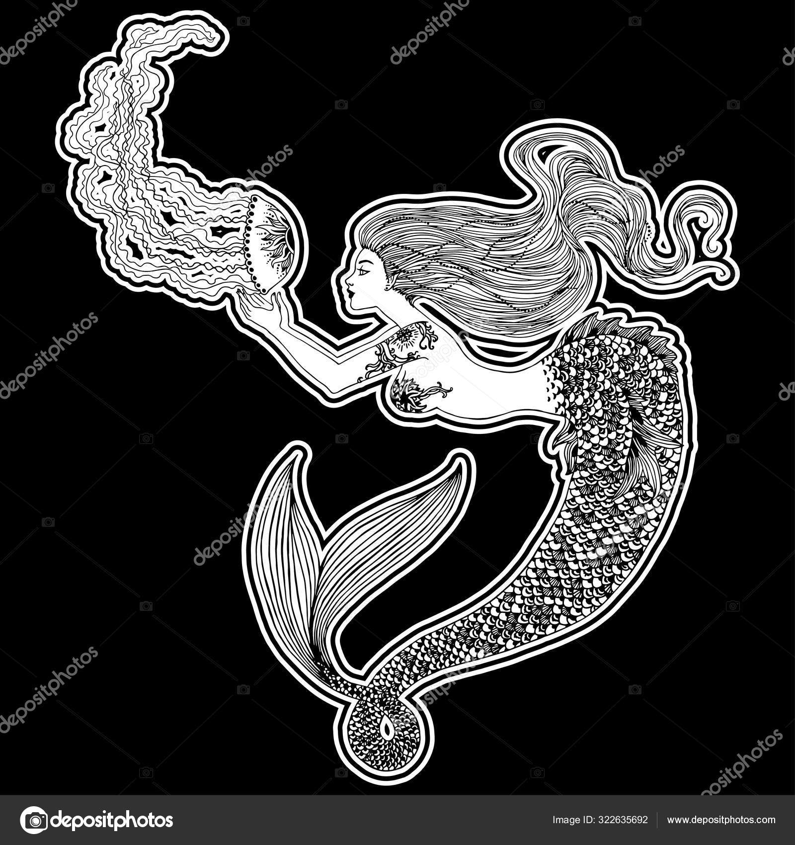 Beautiful Mermaid Human Skull Her Hands Hand Drawn Illustration Sea ...