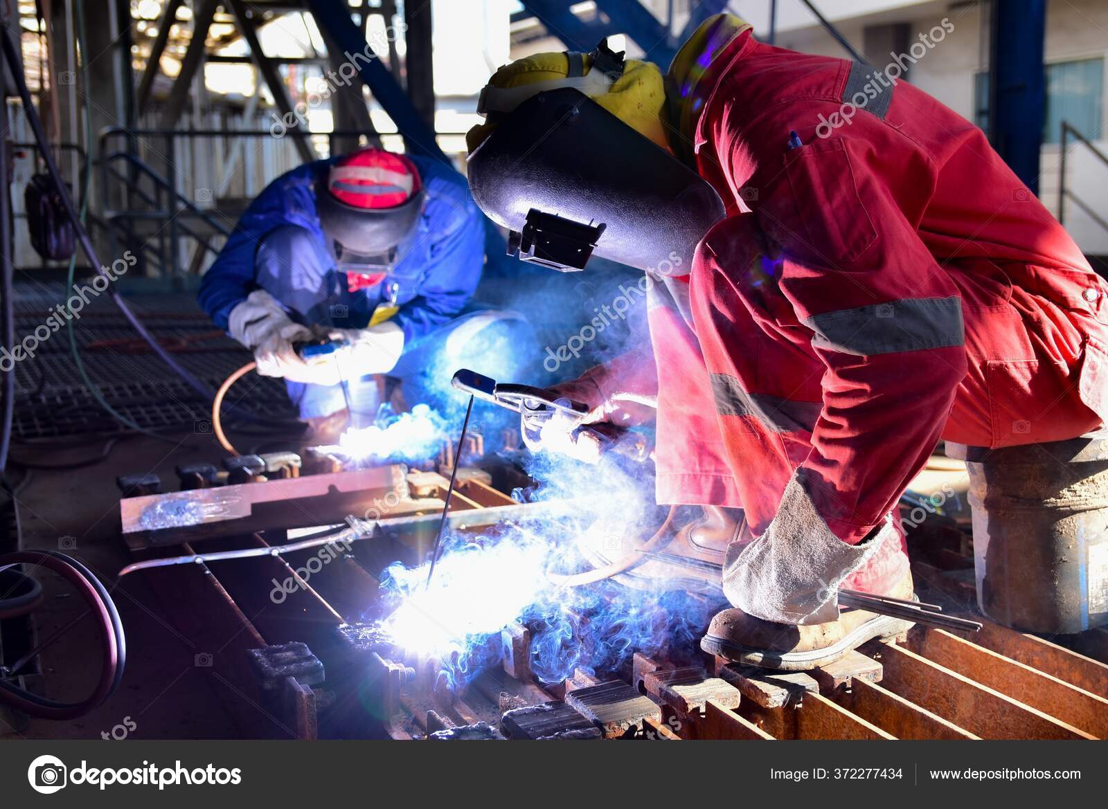 Two Welder Assembling Workpiece Process Shielded Metal Arc Welding Smaw ...