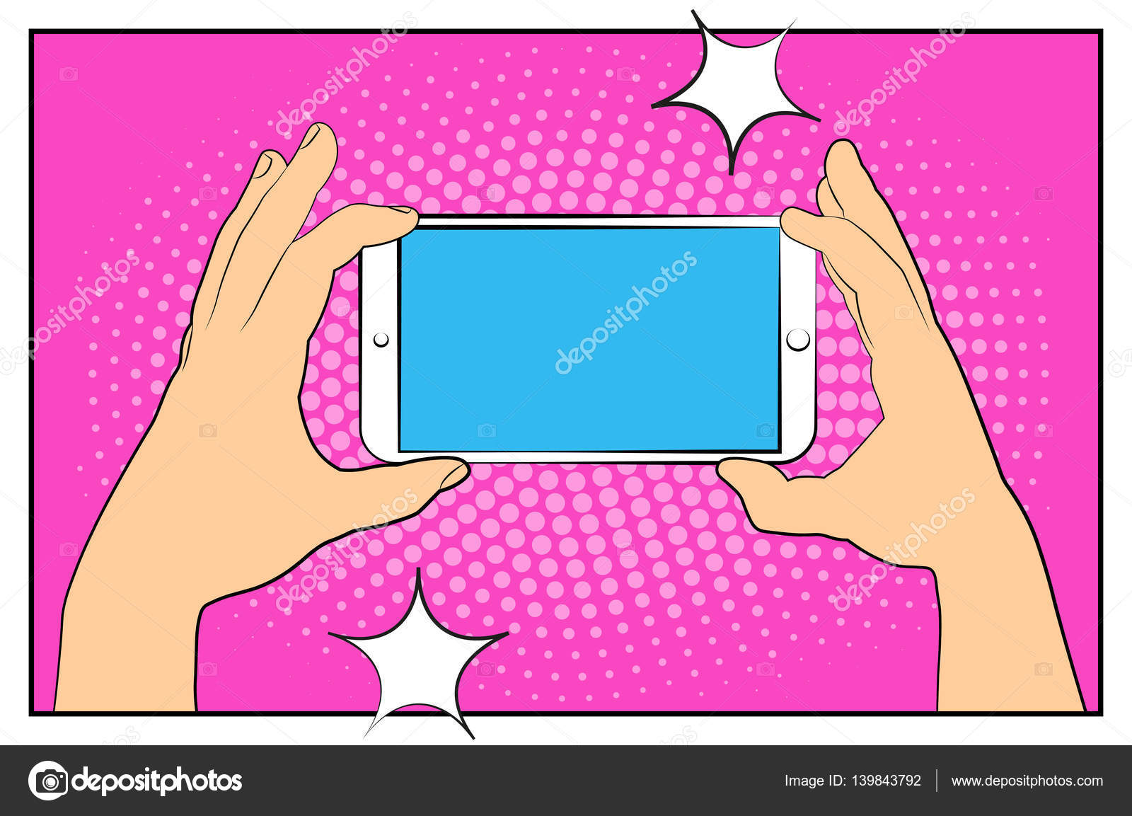Comic smartphone phone with halftone shadows. Hand holding smartphone ...