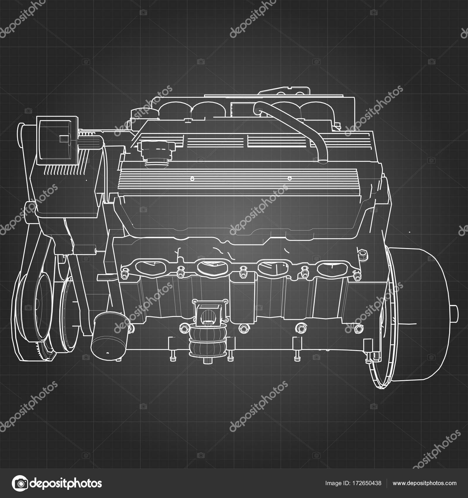 Powerful V8 car engine. The engine is drawn with white lines on a black ...