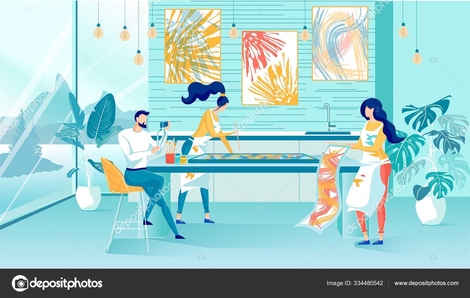 Company, Young People Filming Video about Drawing Stock Vector Image by ...