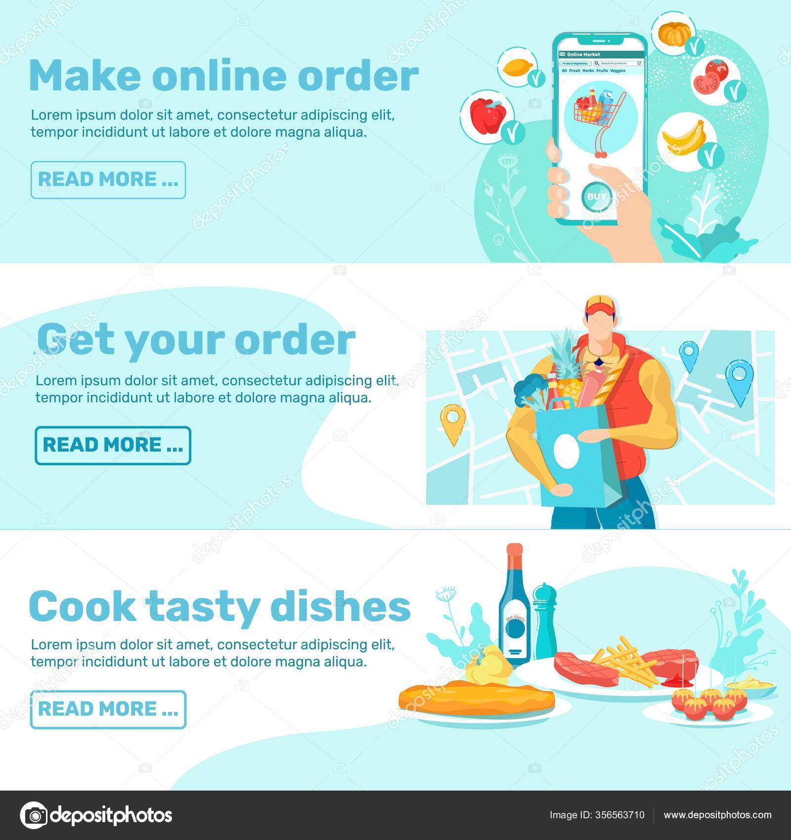 Food Ordering Steps Web Banner Flat Templates Set Stock Vector Image by ...