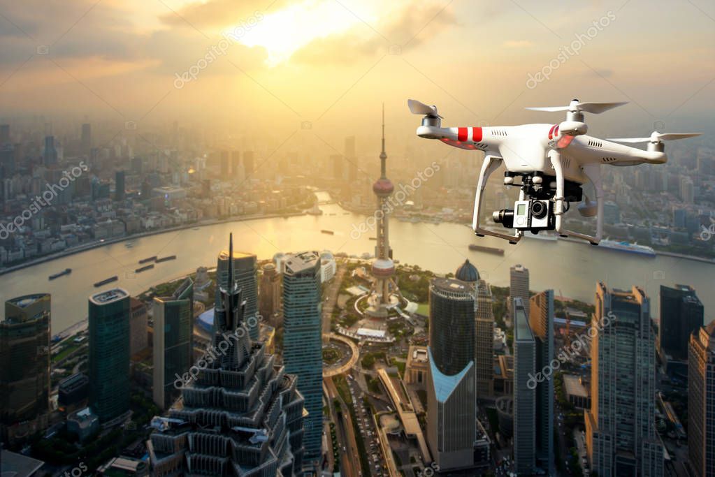 Drone with high resolution digital camera flying over Shanghai c Stock ...