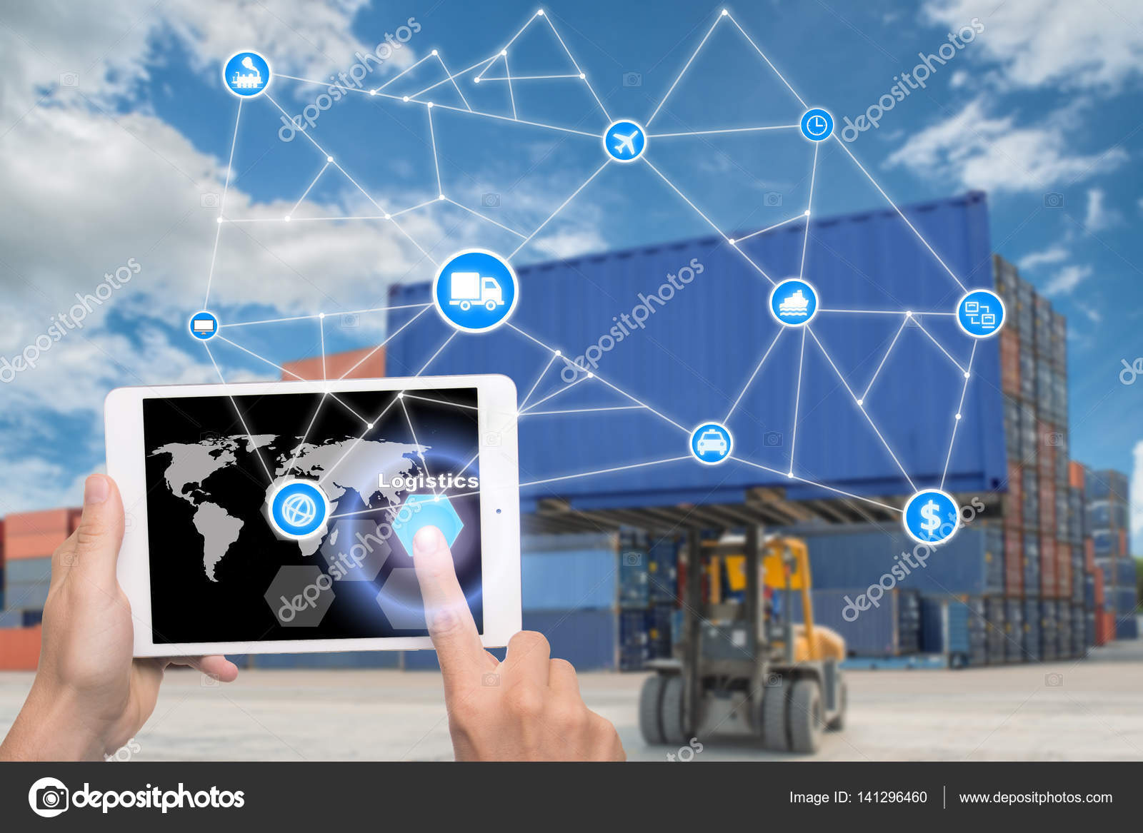 Hand holding tablet is pressing button Logistics connection tech Stock ...