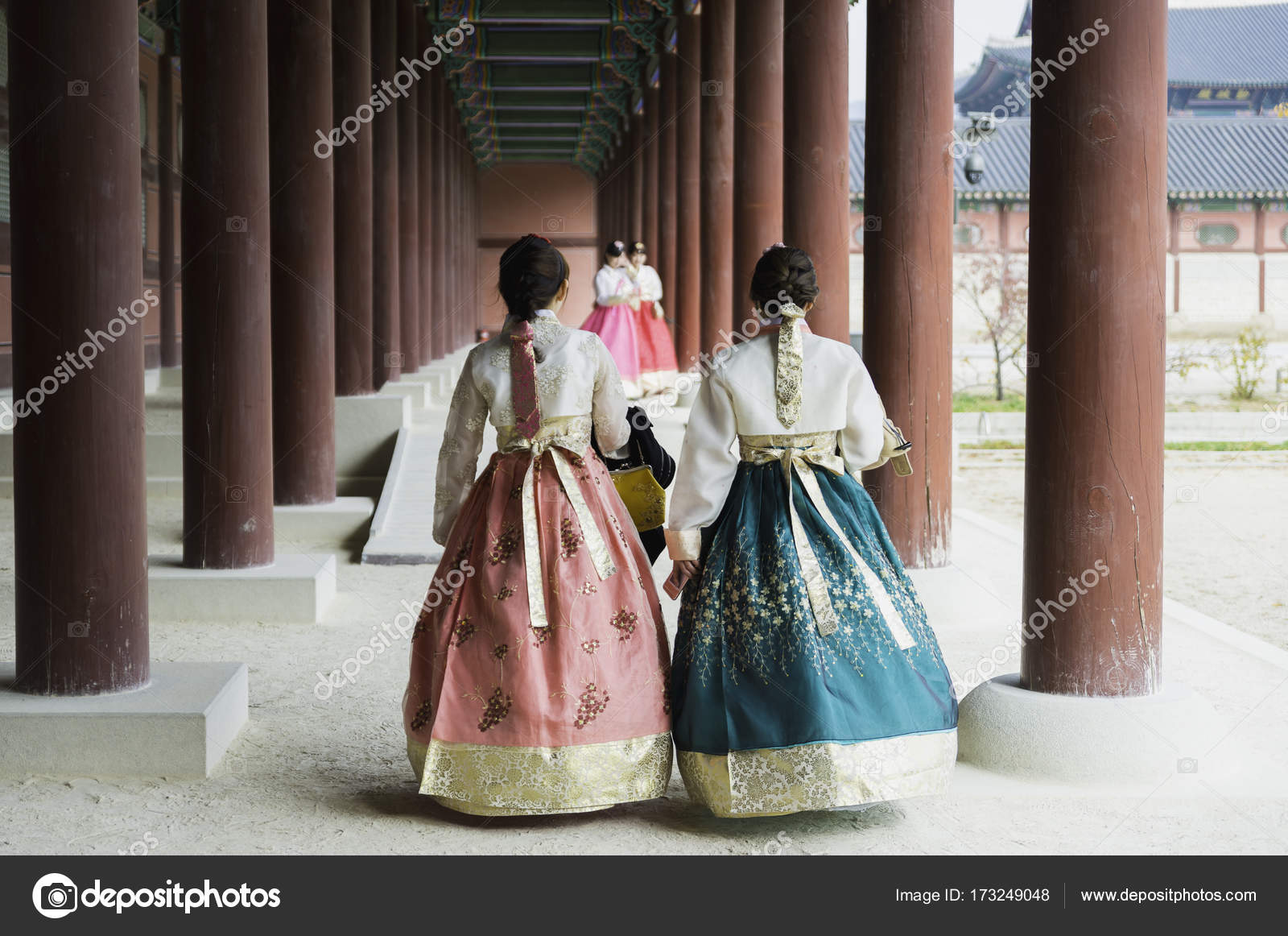 Asian Korean Woman Dressed Hanbok In Traditional Dress Walking I Stock