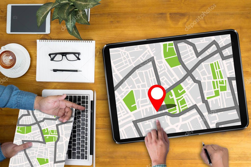 GPS Map to Route Destination Location,Street Map with GPS Icons Stock ...