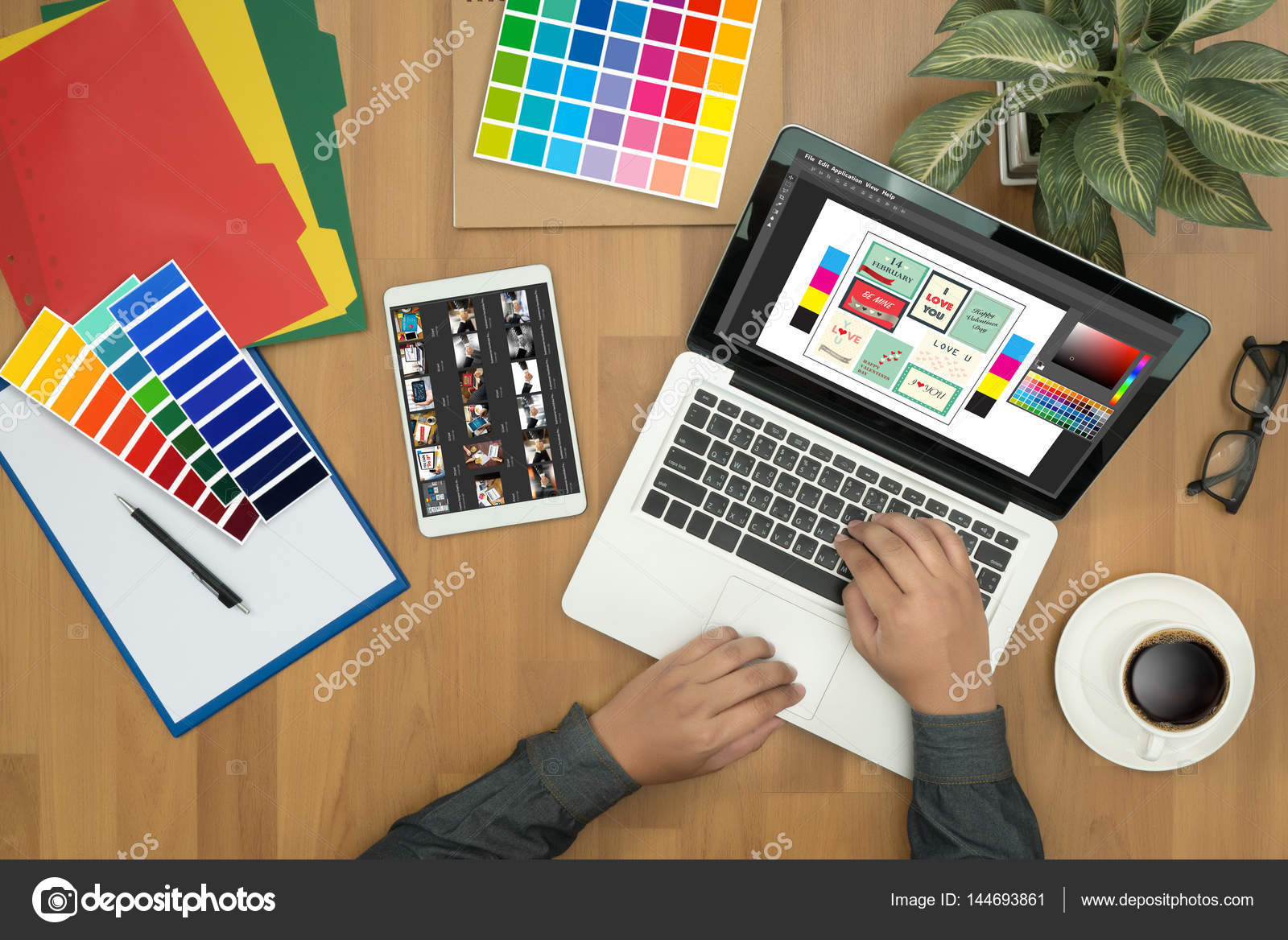 Creative Designer Graphic at work. Color swatch samples, Illustr ...