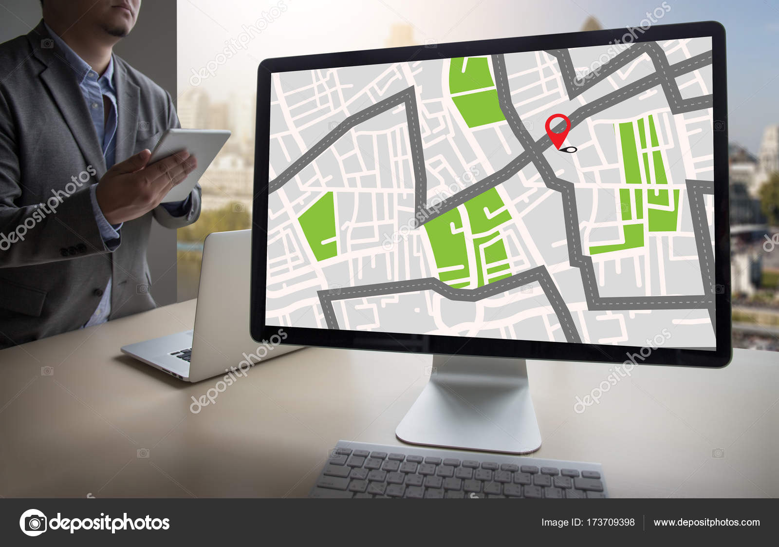 GPS Map to Route Destination network connection Location Street — Stock ...