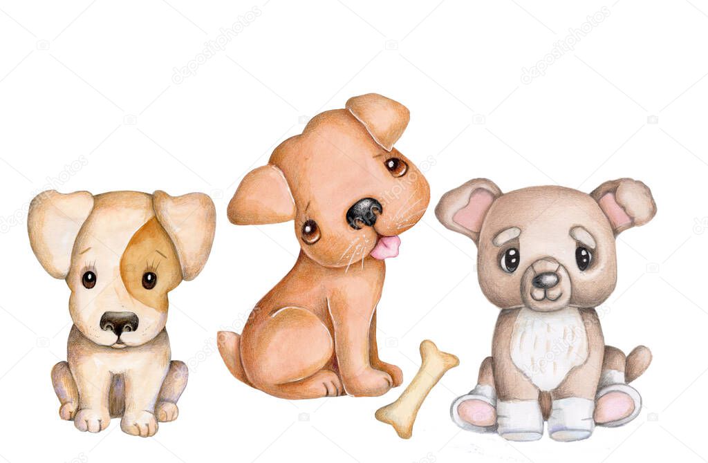 Acuarela ilustración dibujada a mano de lindos perros de dibujos ...