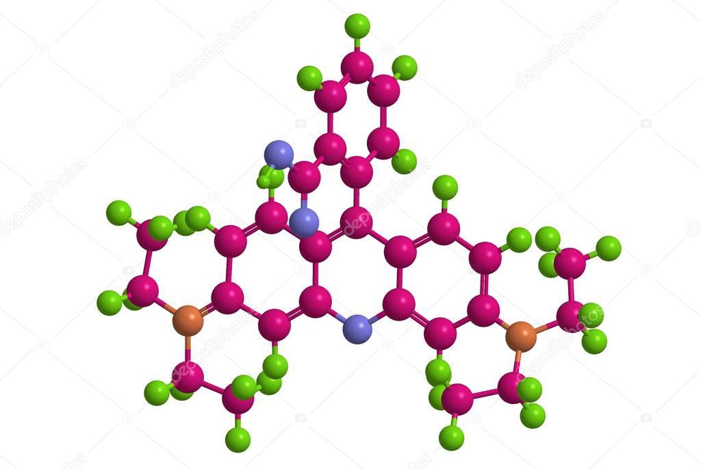 Rhodamine B - estructura molecular, renderizado 3D 2023