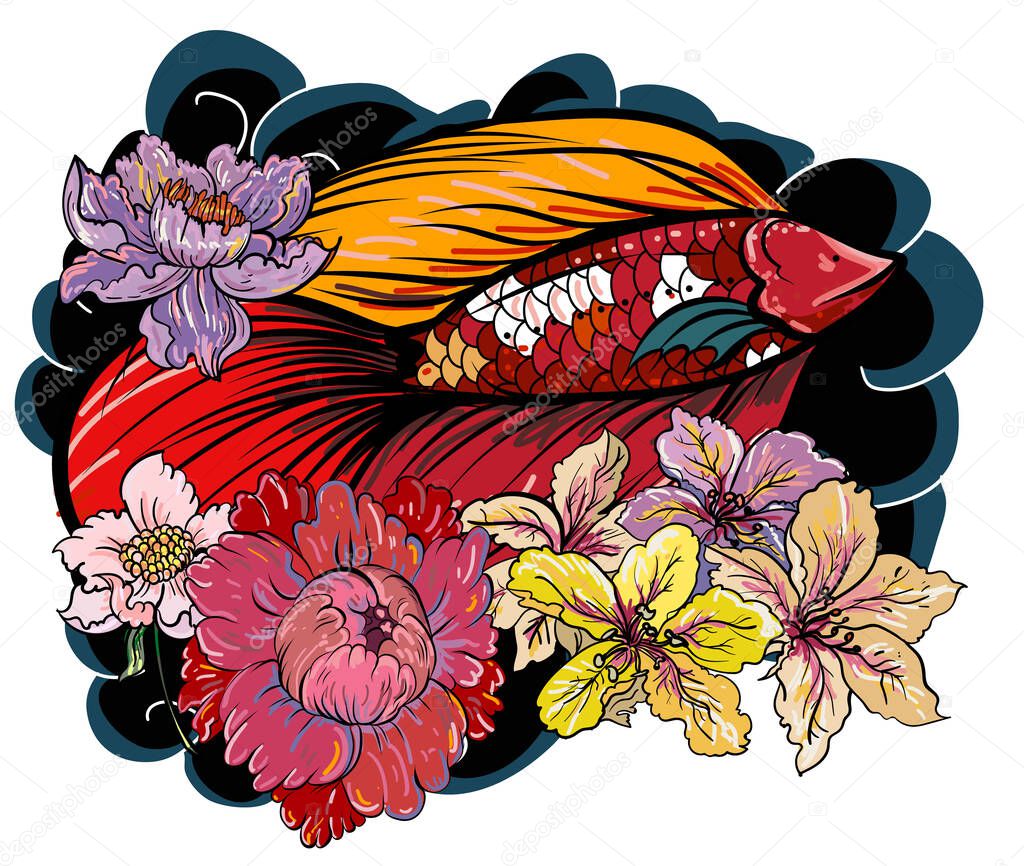 Coloridos peces siameses de lucha o peces betta nadando en ola japonesa ...