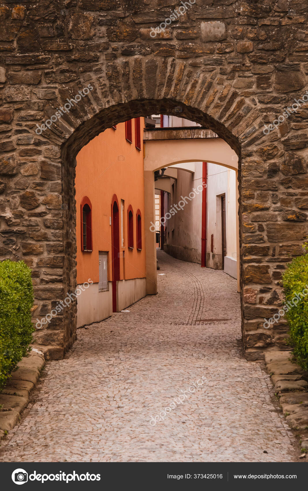 Beautiful Stone Gate Medieval Town Winding Alley Colorful Houses Stock ...