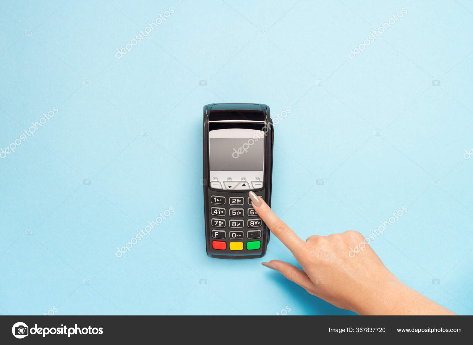 Pos Terminal Blue Background Female Hand Presses Pos Terminal Button ...