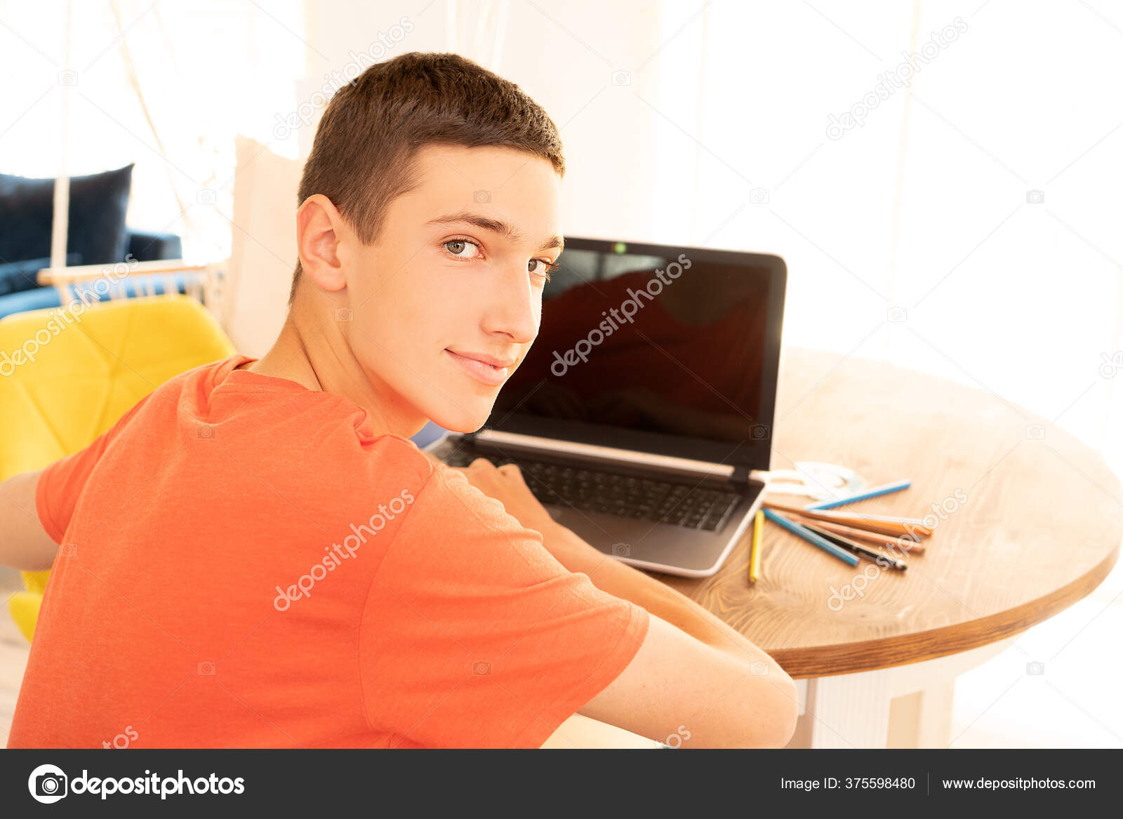 Teenage Boy Doing Homework Using Computer Sitting Desk Room Alone Stock ...