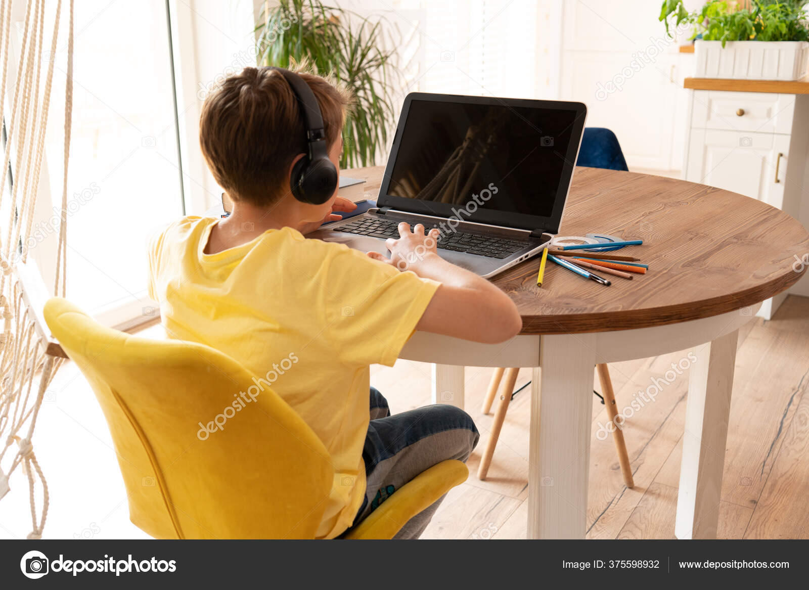 Boy Child Studying Home Using Laptop Distance Learning Online Lesson ...