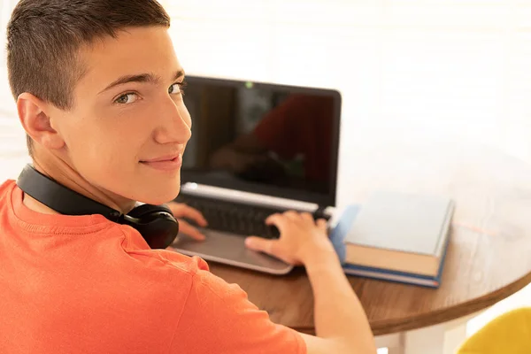 Teenage Boy Doing Homework Using Computer Sitting Desk Room Alone Stock ...