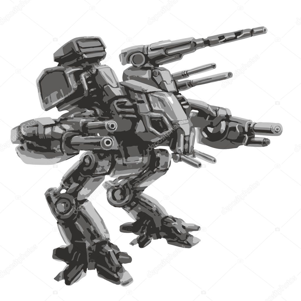 Robot de batalla. Ciencia ficción. Ilustración vectorial. 2023