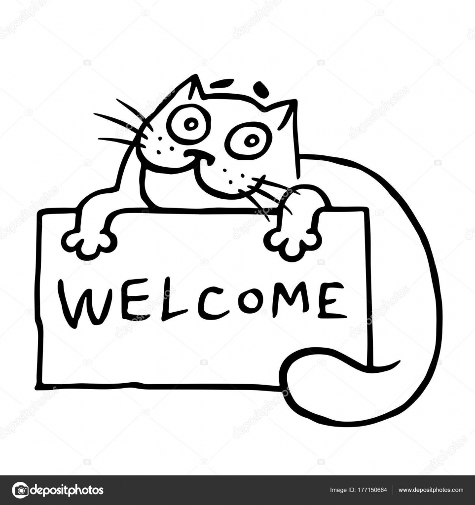 Cute hospitable cat is holding a sign with the word welcome. Isolated ...