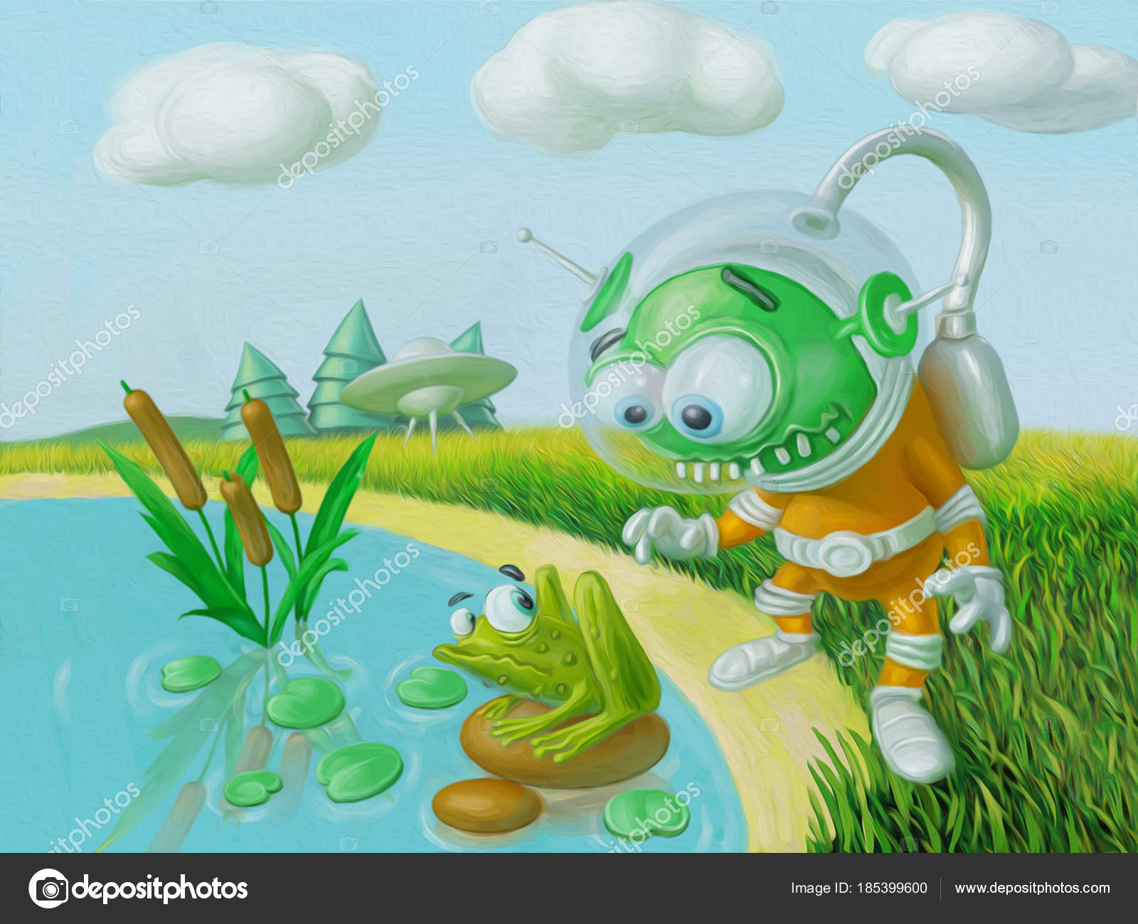 Cute alien flew to the planet earth and met the frog Stock Illustration ...