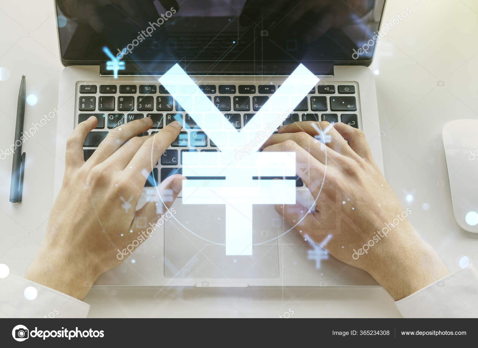 Creative Japanese Yen symbol sketch and hands typing on computer ...