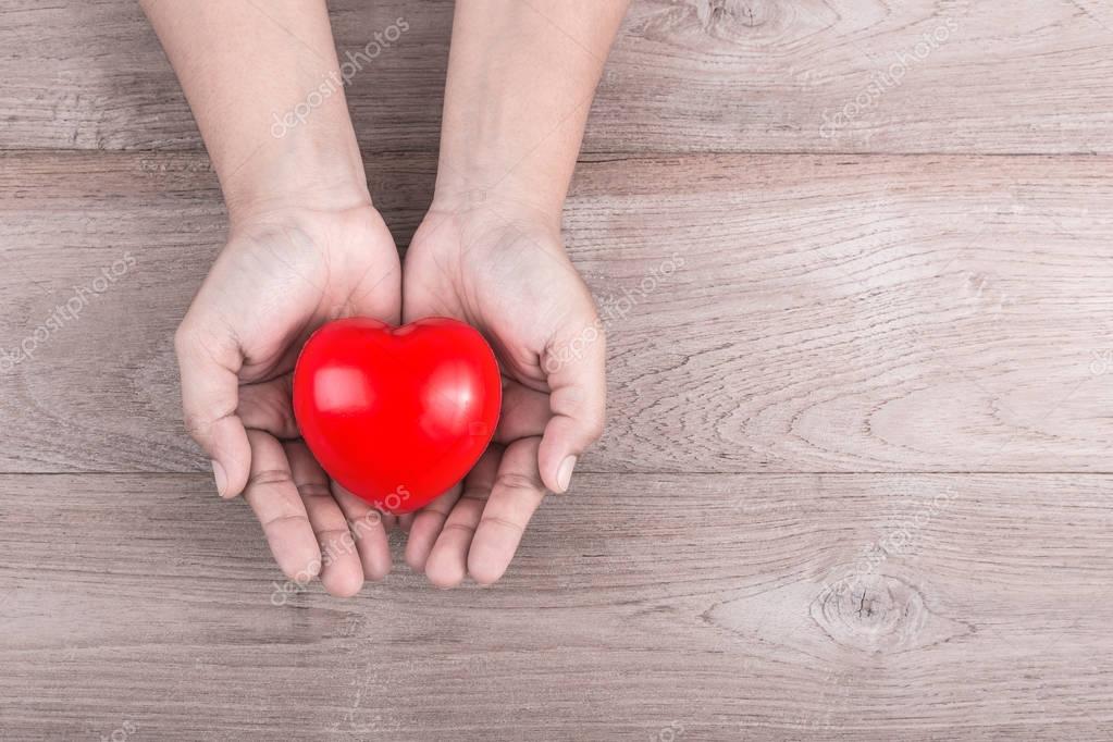 Love Concept: Manos de mujer sosteniendo el corazón rojo en una lengüeta de madera marrón 2023