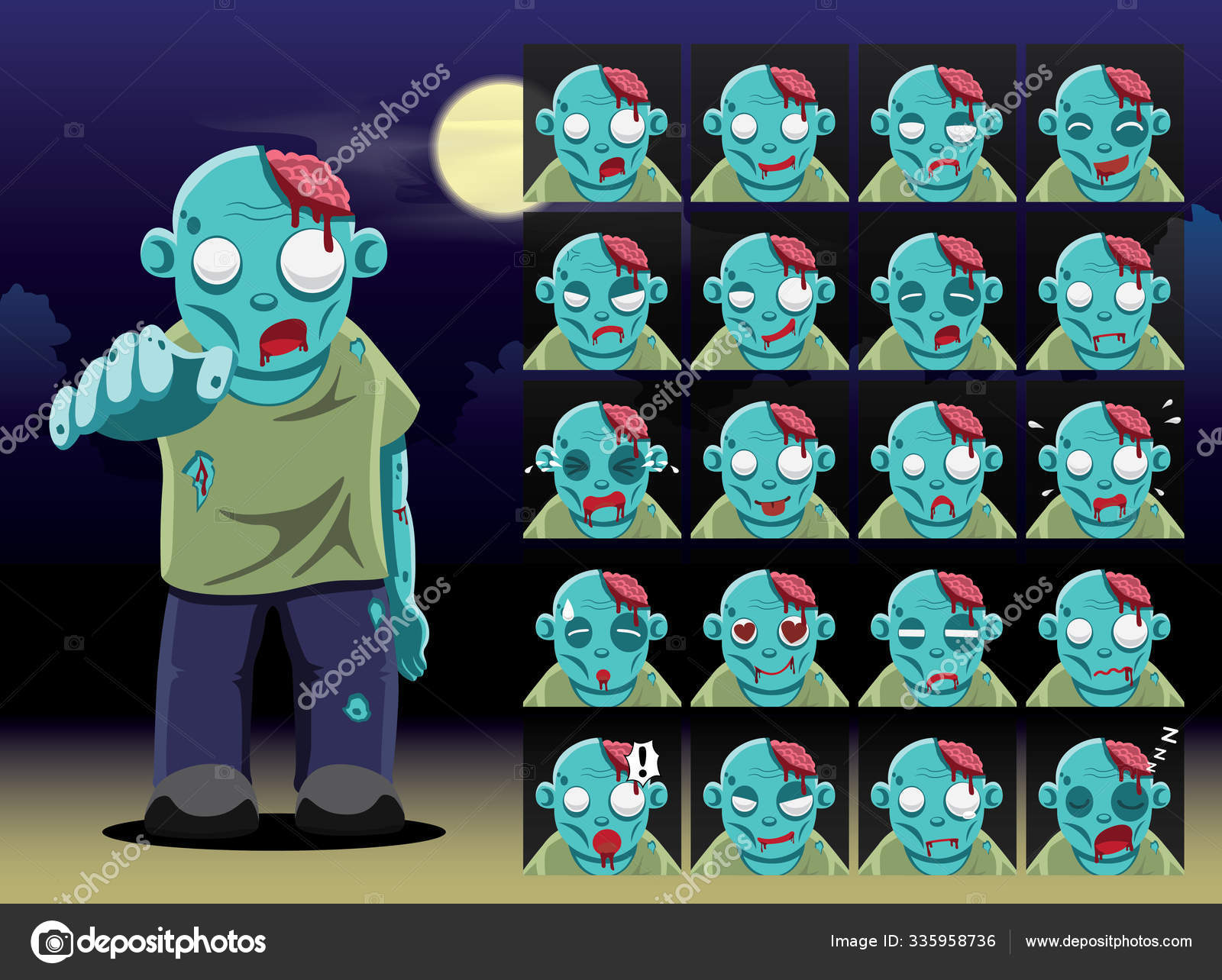 Zombie Cartoon Emotion Enfrenta Ilustração Vetorial Vetor de ©Punnawich ...