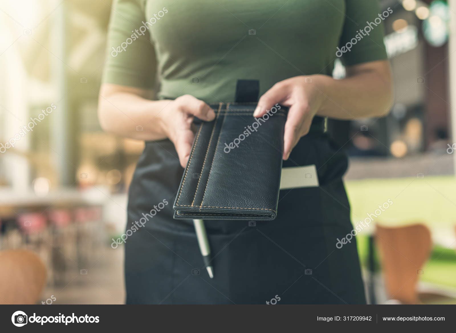 Cropped Image Woman Waitress Apron Hold Out Bill Folder Cafe Stock ...