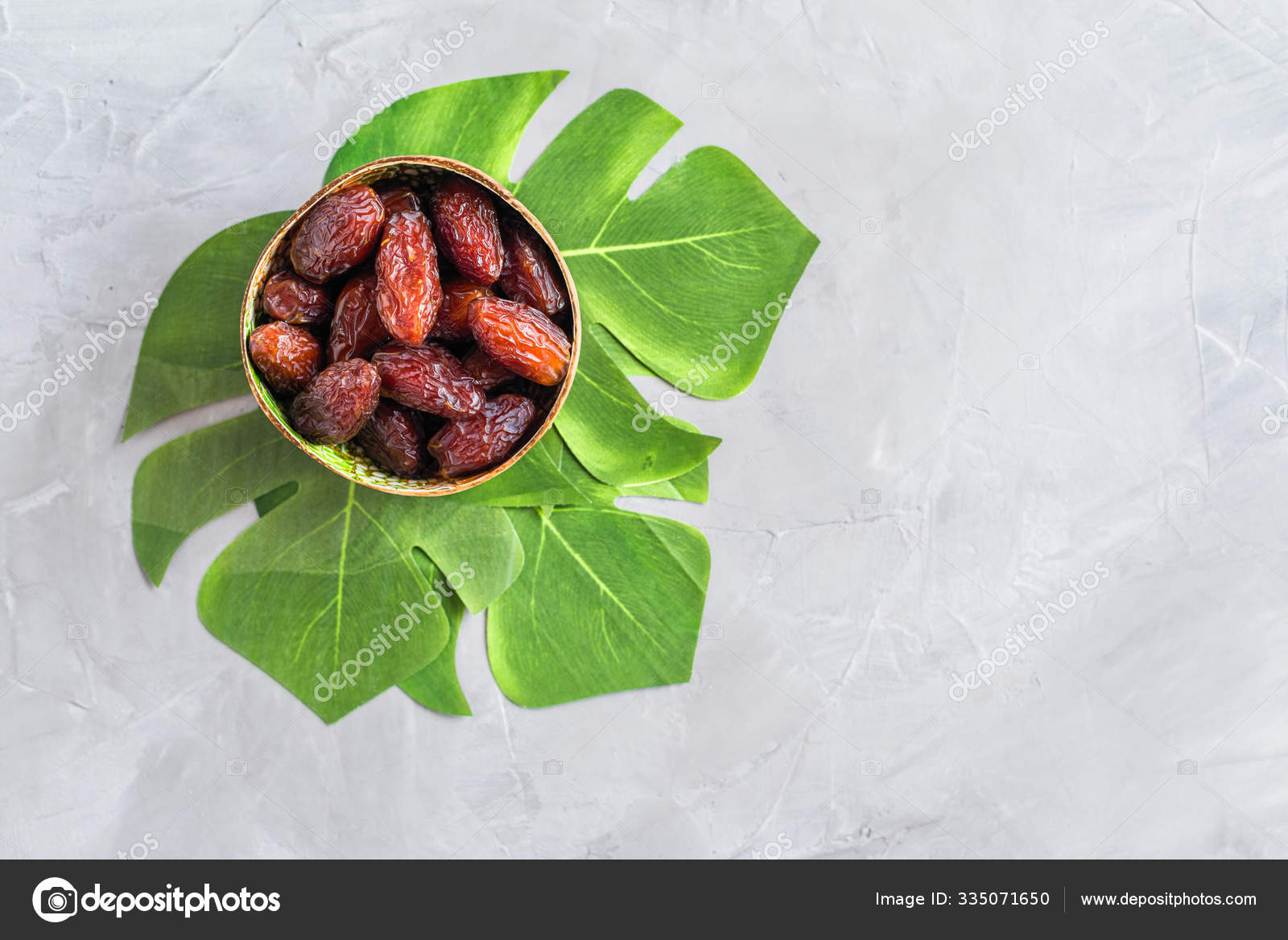 Royal Dates Fruit Bowl Coconut Palm Branches Leaves Grey Concrete Stock ...