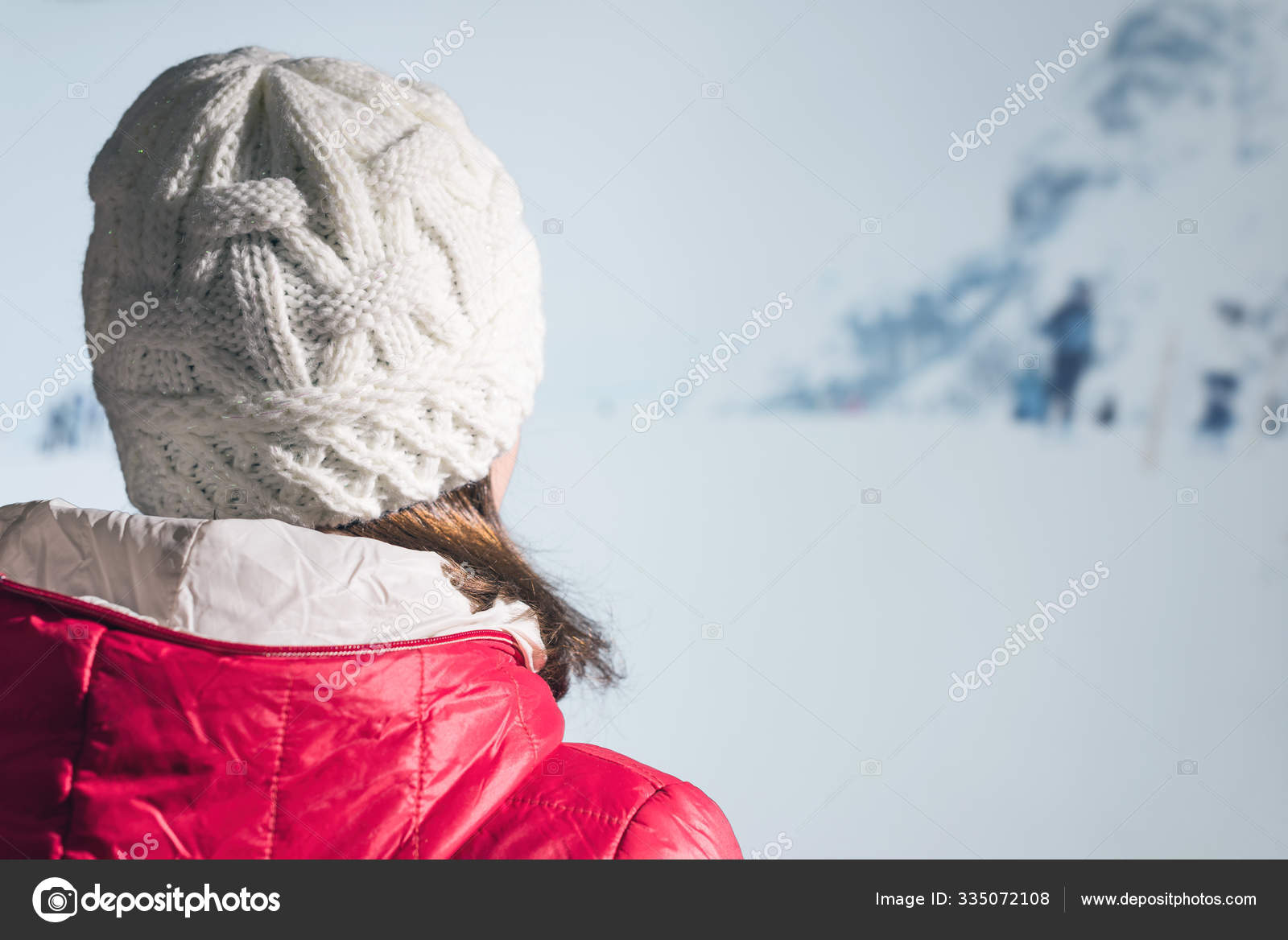 Back View Young Woman Winter Knitted White Cap Red Jacket ⬇ Stock Photo ...