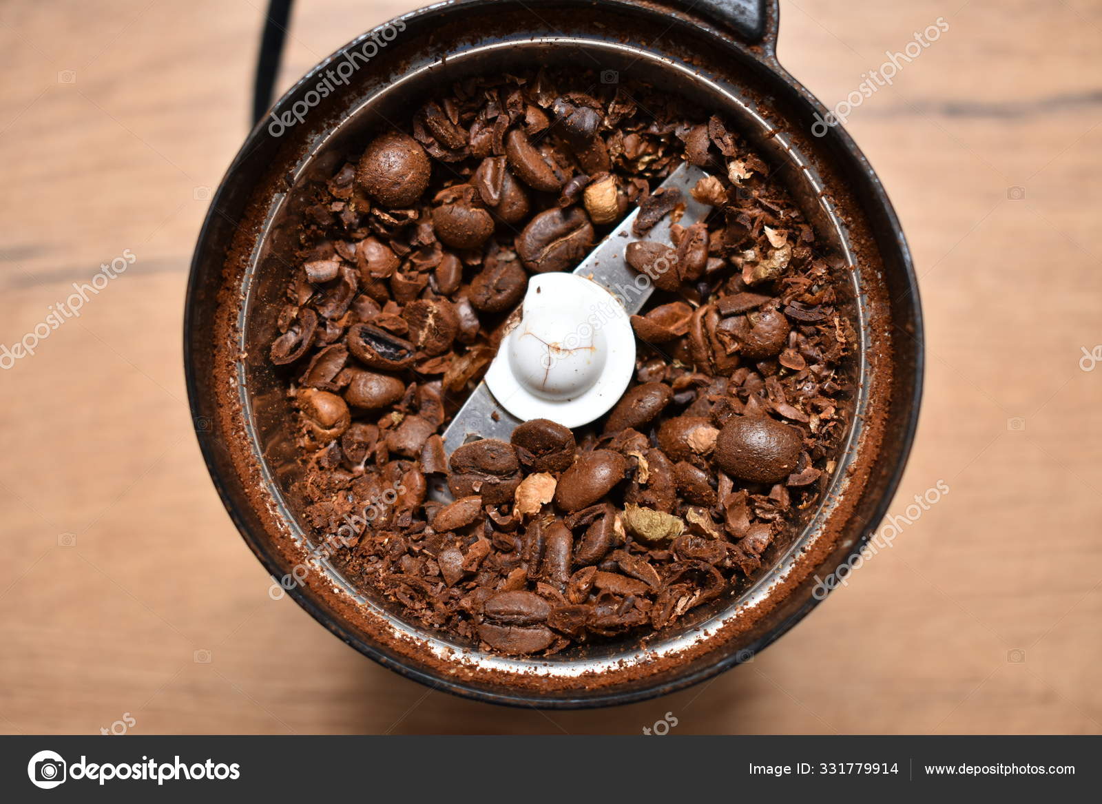 Top View Coffee Beans Grinding Coffee Grinder Wooden Table — Stock ...