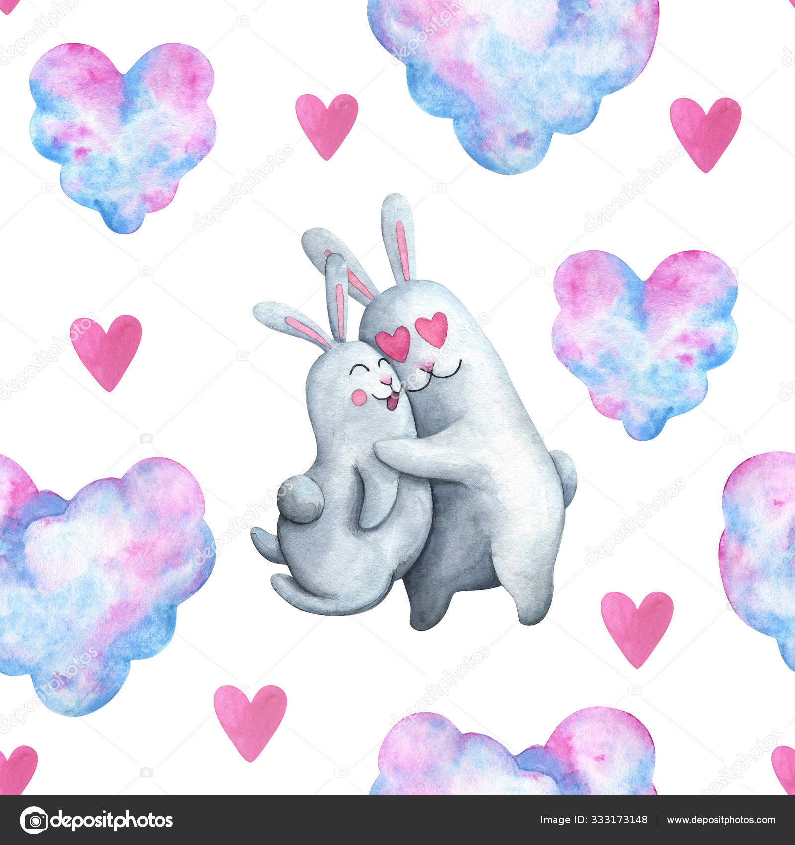Loving rabbits hug each other tightly. Seamless pattern with wat Stock ...